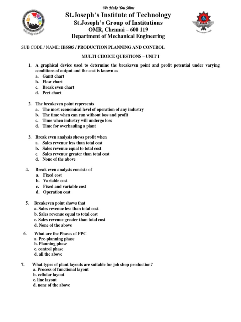Production Planning and Control Multiple Choice Questions - Unit I ...