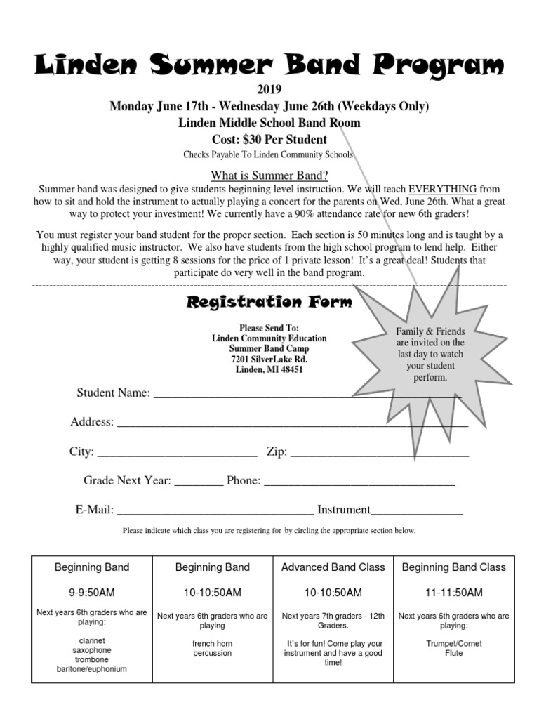 Summer Band Registration Form | PDF | Musical Instruments | Aerophones