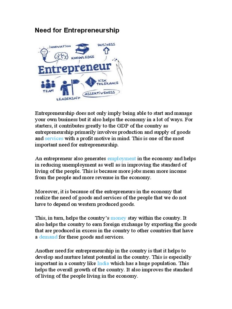 Need For Entrepreneurship | PDF | Entrepreneurship | Economies