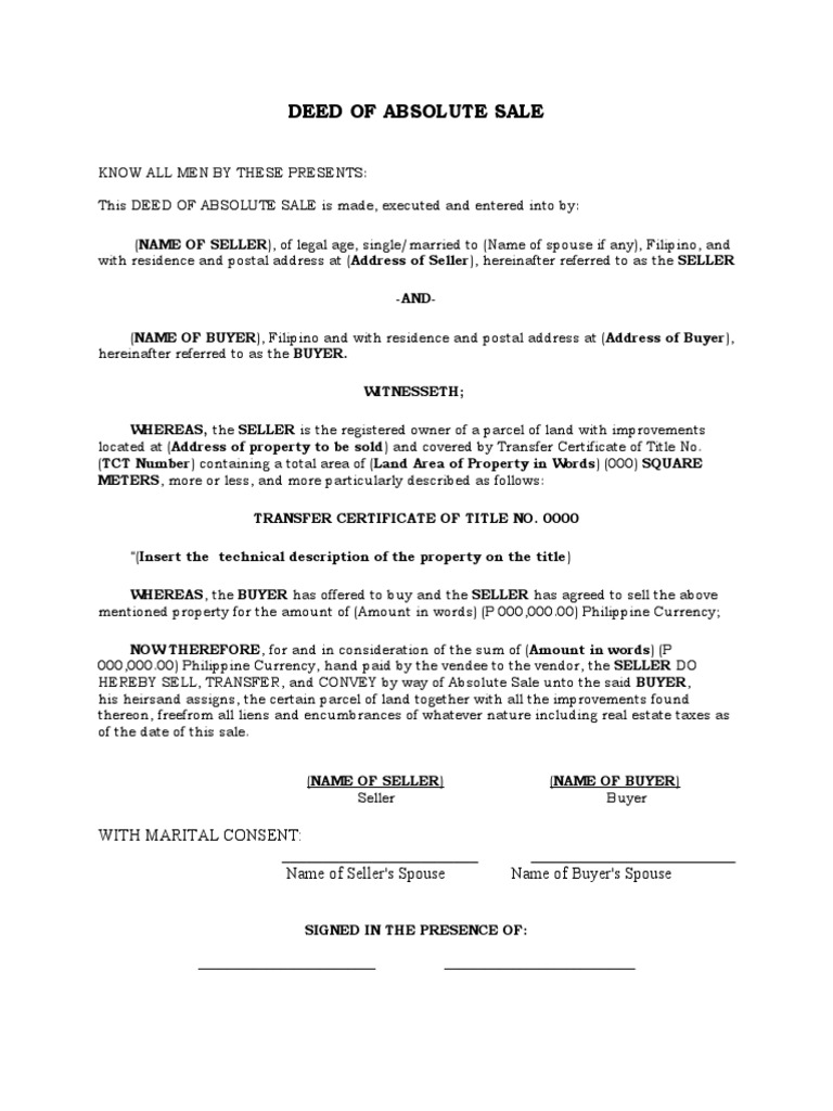 Deed of Absolute Sale | PDF | Deed | Sales