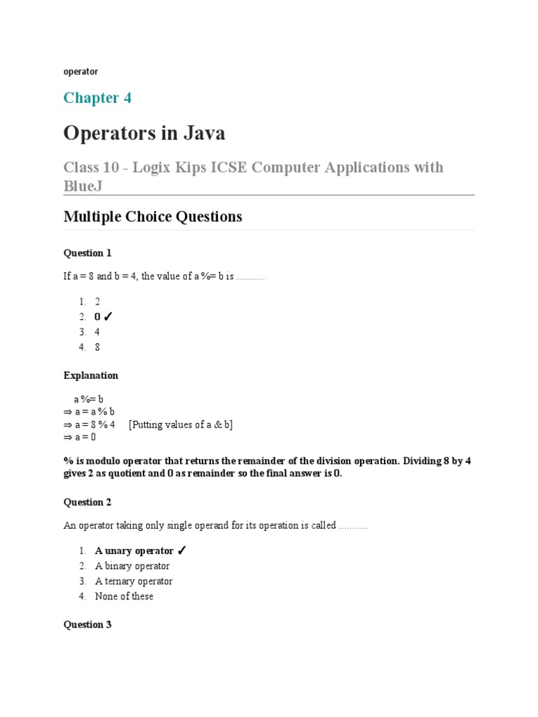 Operators in Java: Class 10 - Logix Kips Icse Computer Applications With Bluej | PDF | Computer ...