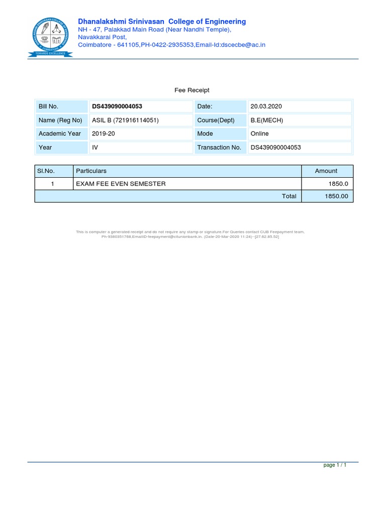 Dhanalakshmi Srinivasan College of Engineering: Fee Receipt | PDF