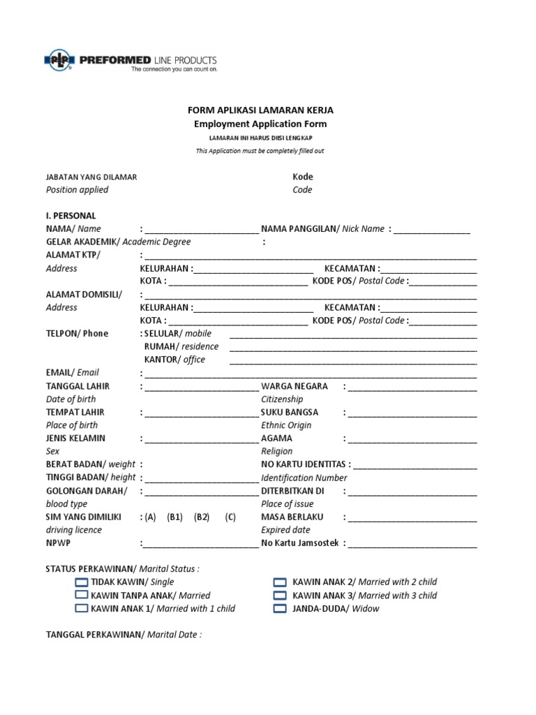 Form Aplikasi Lamaran Kerja Employment Application Form: Position Applied Code | PDF