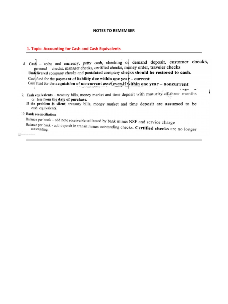 Topic: Accounting For Cash and Cash Equivalents: Notes To Remember | PDF