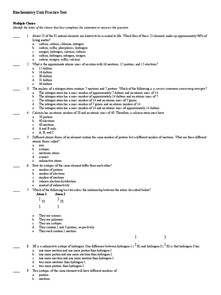 Biochemistry Unit Practice Test | PDF | Chemical Polarity | Chemical Bond