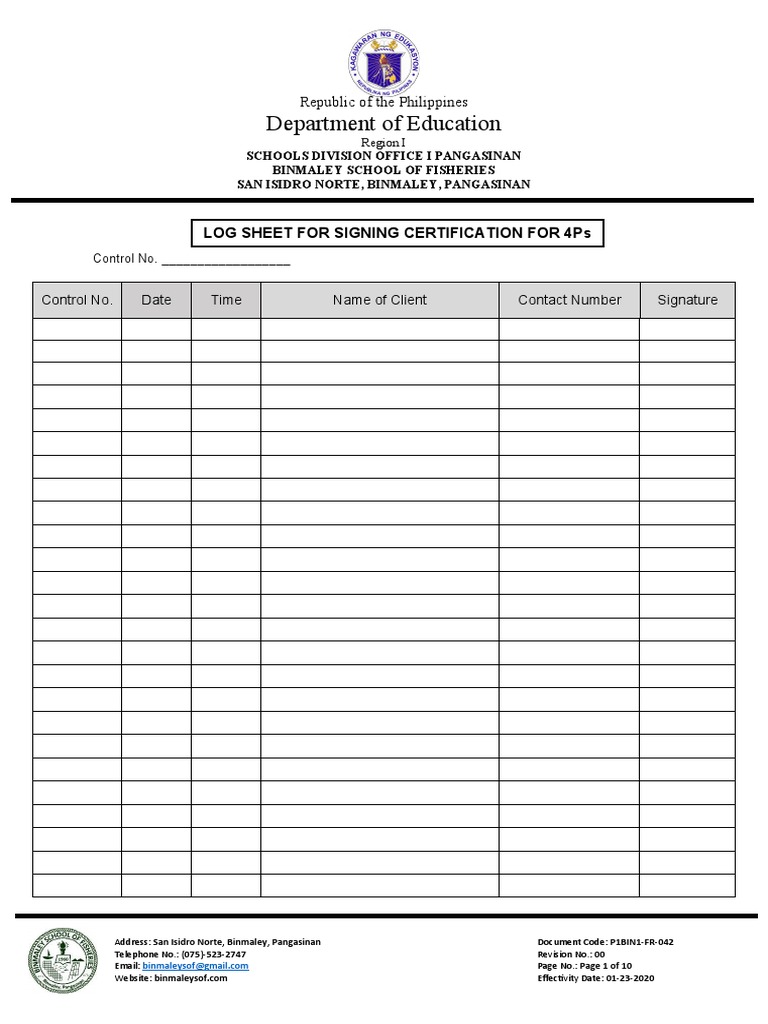 P1BIN1-FR-042 LOG SHEET FOR SIGNING CERTIFICATION FOR 4Ps | PDF | World ...