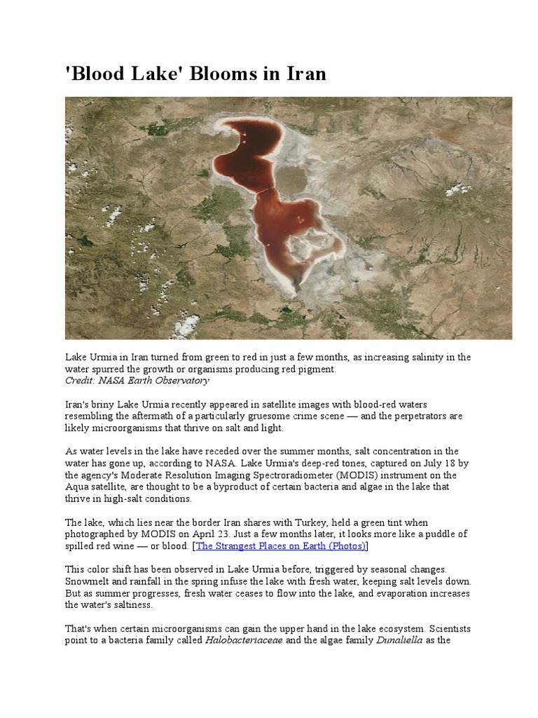 'Blood Lake' Blooms in Iran: Credit: NASA Earth Observatory | PDF ...