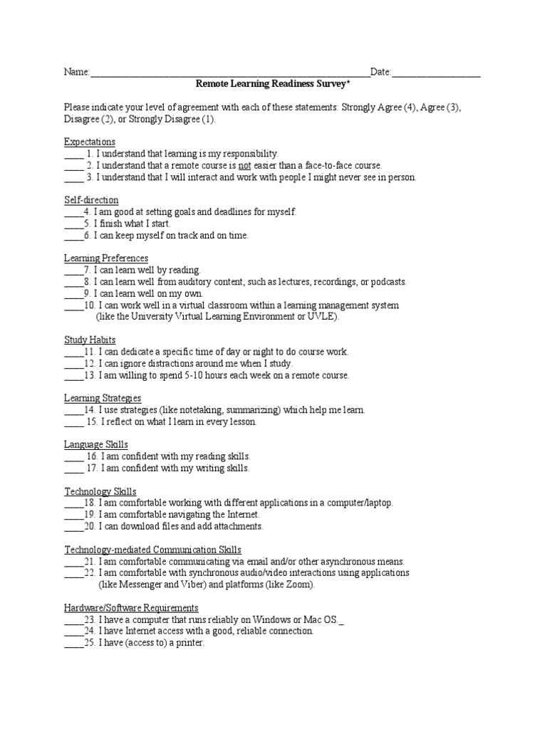 Remote Learning Readiness Survey | PDF | Learning | Behavior Modification