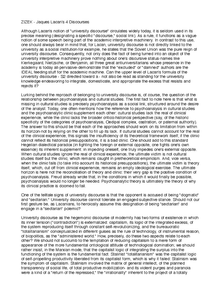 Zizek - Lacan's Four Discourses | PDF | Psychoanalysis | Jacques Lacan