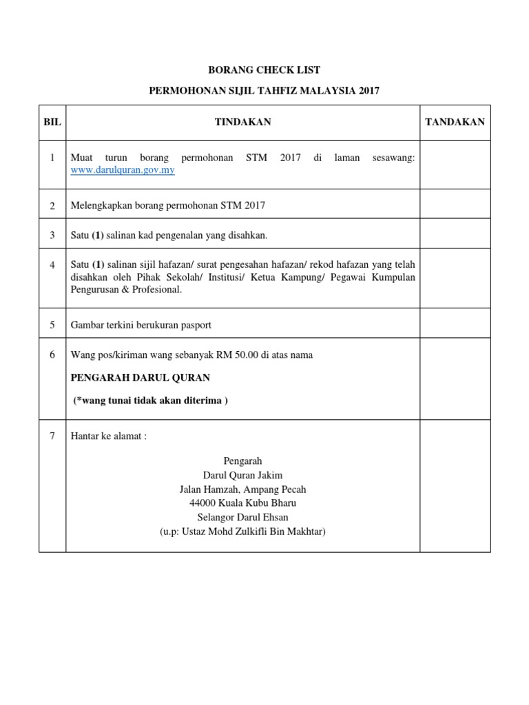 Borang Check List Permohonan Sijil Tahfiz Malaysia 2017 PDF | PDF