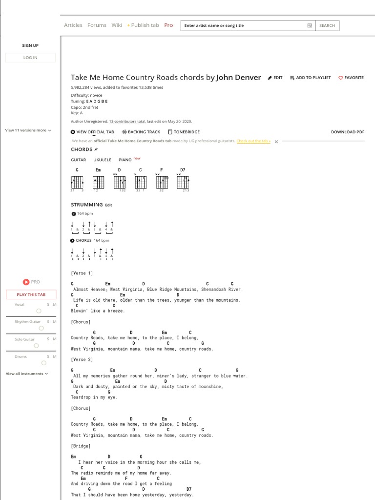 Country Roads Guitar Chords And Lyrics