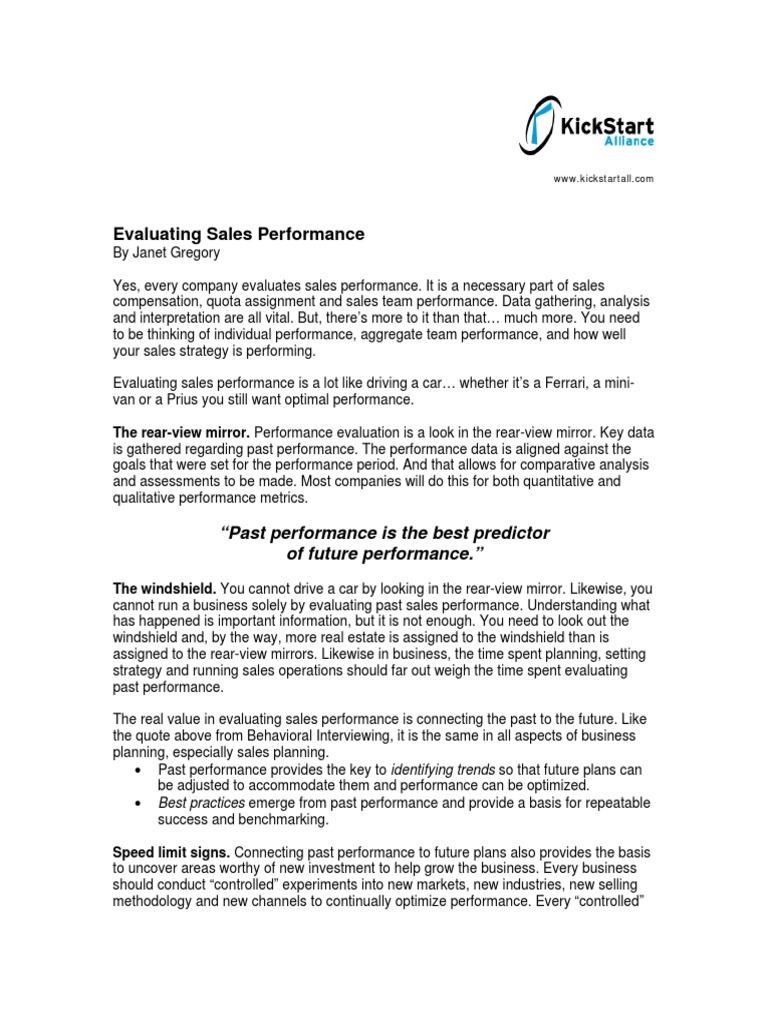 Evaluating Sales Performance: "Past Performance Is The Best Predictor of Future Performance ...