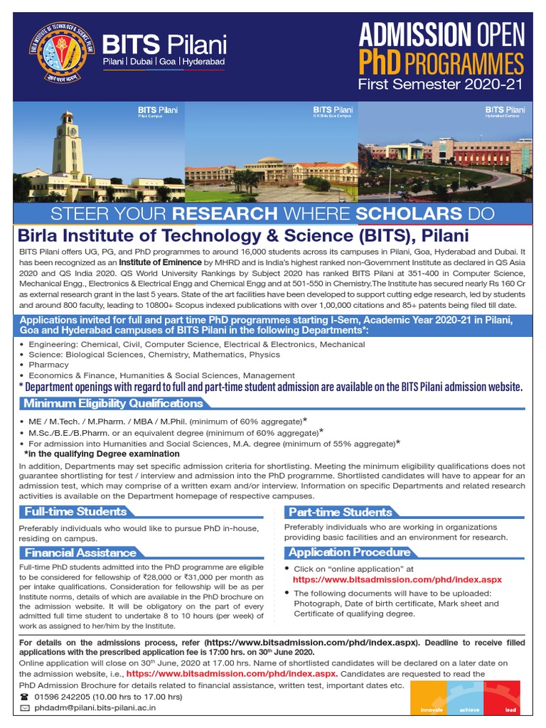 PHD Advertisement - BITS PDF | PDF | University And College Admission ...