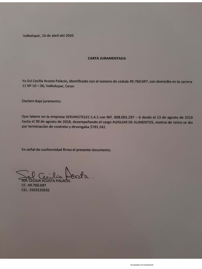 Modelo Carta Juramentada