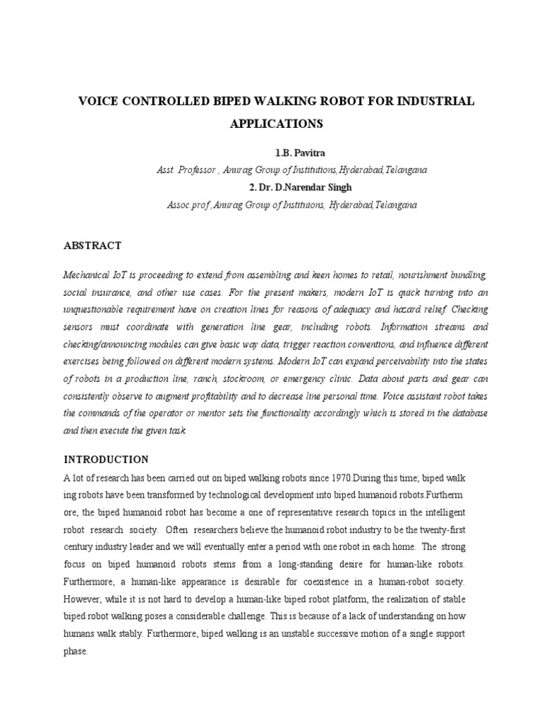 Voice Controlled Biped Walking Robot For Industrial Applications | PDF | Arduino | Servomechanism