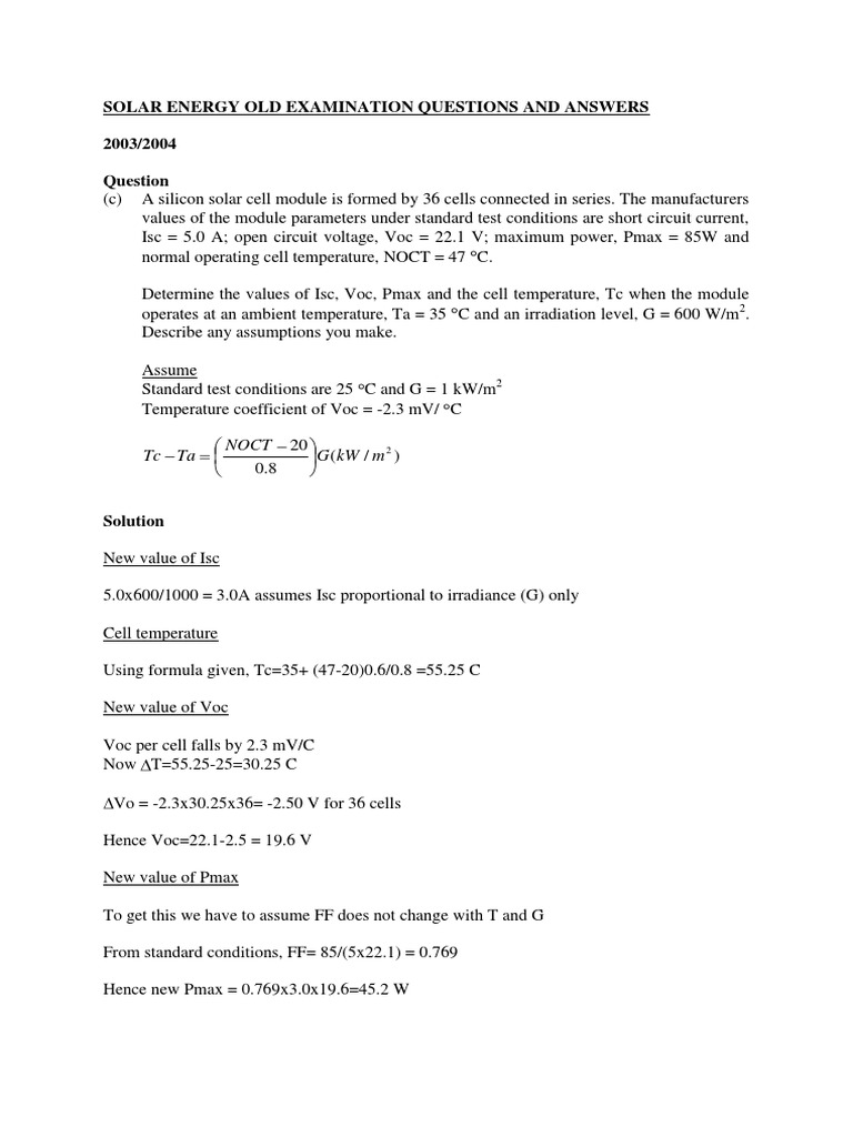 Solar Energy Old Examination Questions and Answers 2003/2004 | PDF ...