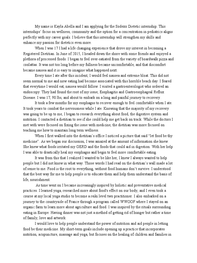 Personal Statement For Sodexo 7 | PDF | Dietitian | Medicine