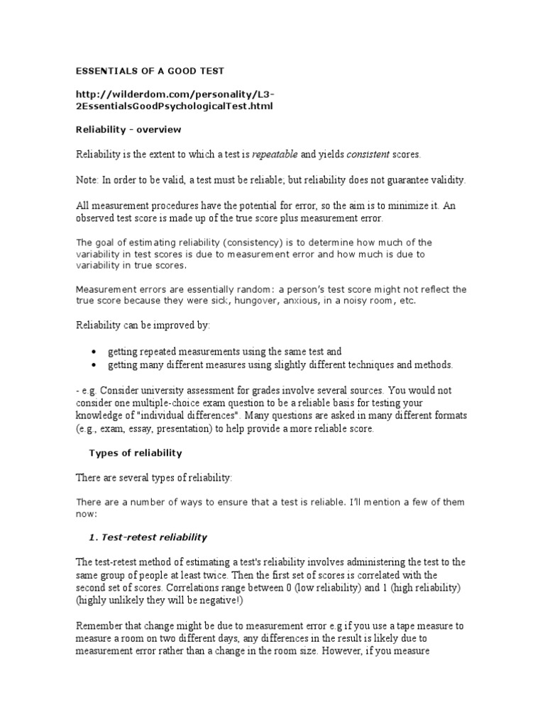 Essentials of A Good Test | PDF | Validity (Statistics) | Standardized ...