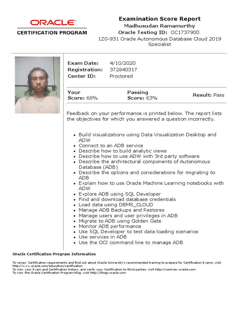 Examination Score Report: Madhusudan Ramamurthy Oracle Testing ID ...