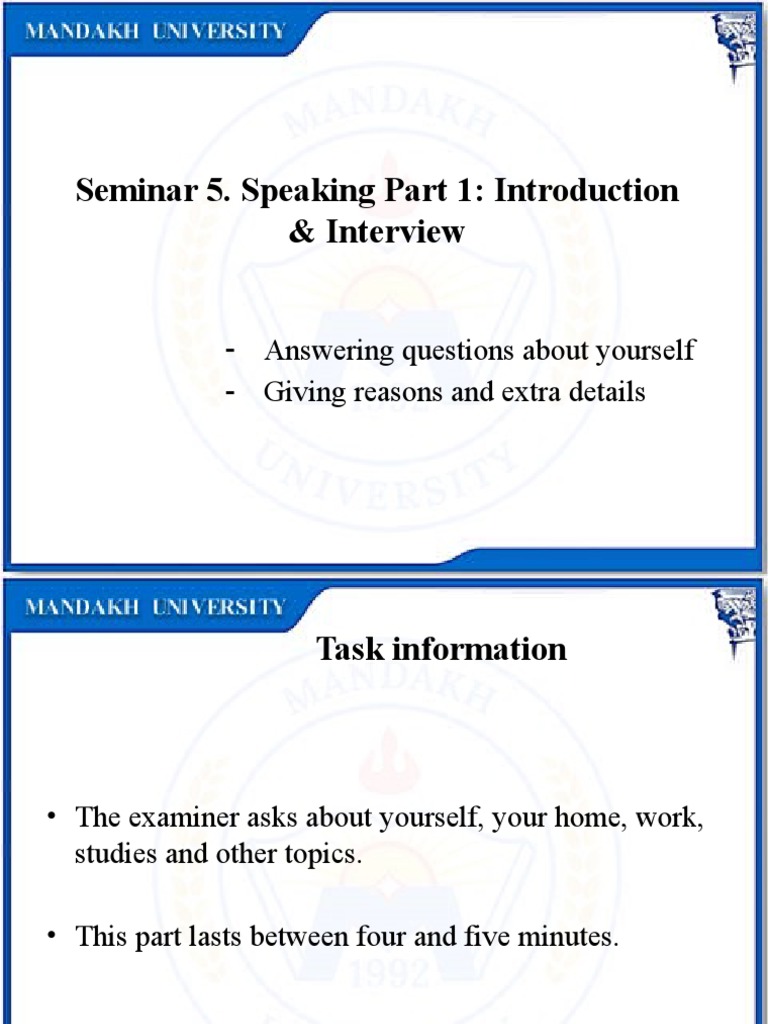 Seminar #5. Speaking Part 1 Introduction & Interview | PDF | Stress ...