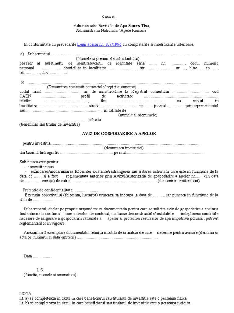 Cerere AVIZ GOSPODARIREA APELOR Cluj | PDF