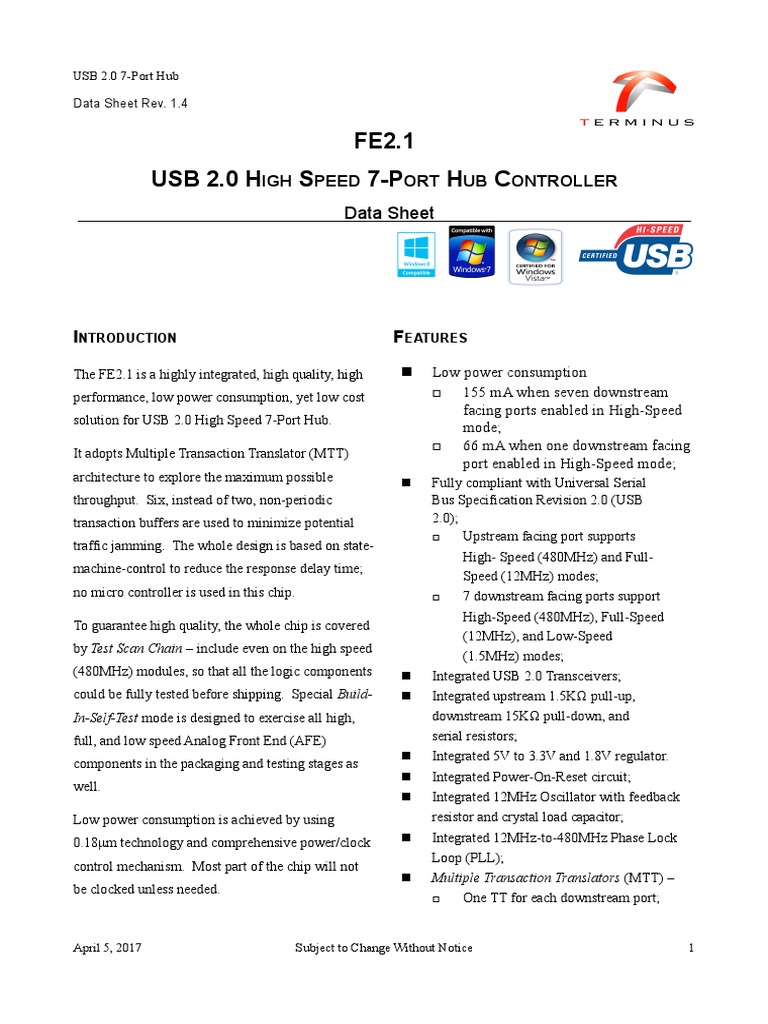 FE2.1 Data Sheet 1.4 PDF | PDF | Usb | Electronic Circuits