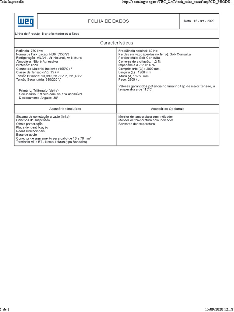 Transformador A Seco WEG 750kva PDF | PDF