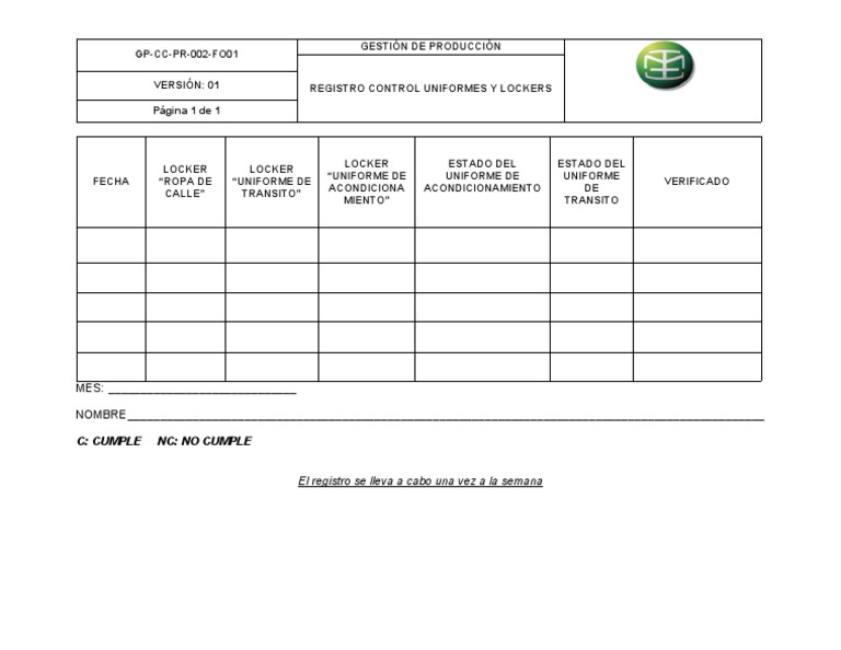 Gp-Cc-Pr-003-Fo01 Registro Control Uniformes y Lockers V1 | PDF