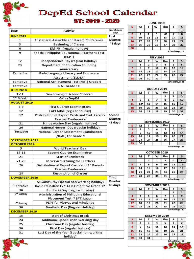 Deped School Calendar 2019-2020 | PDF | Holidays | Public Holiday