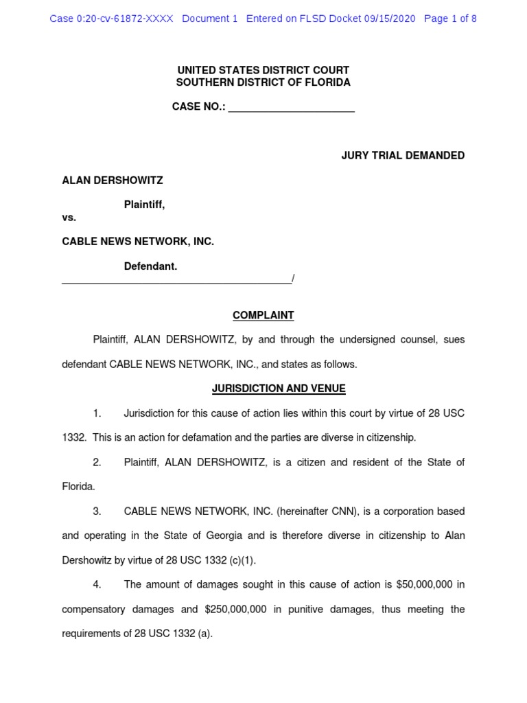 Dershowitz CNN Lawsuit | PDF | Defamation | First Amendment To The ...