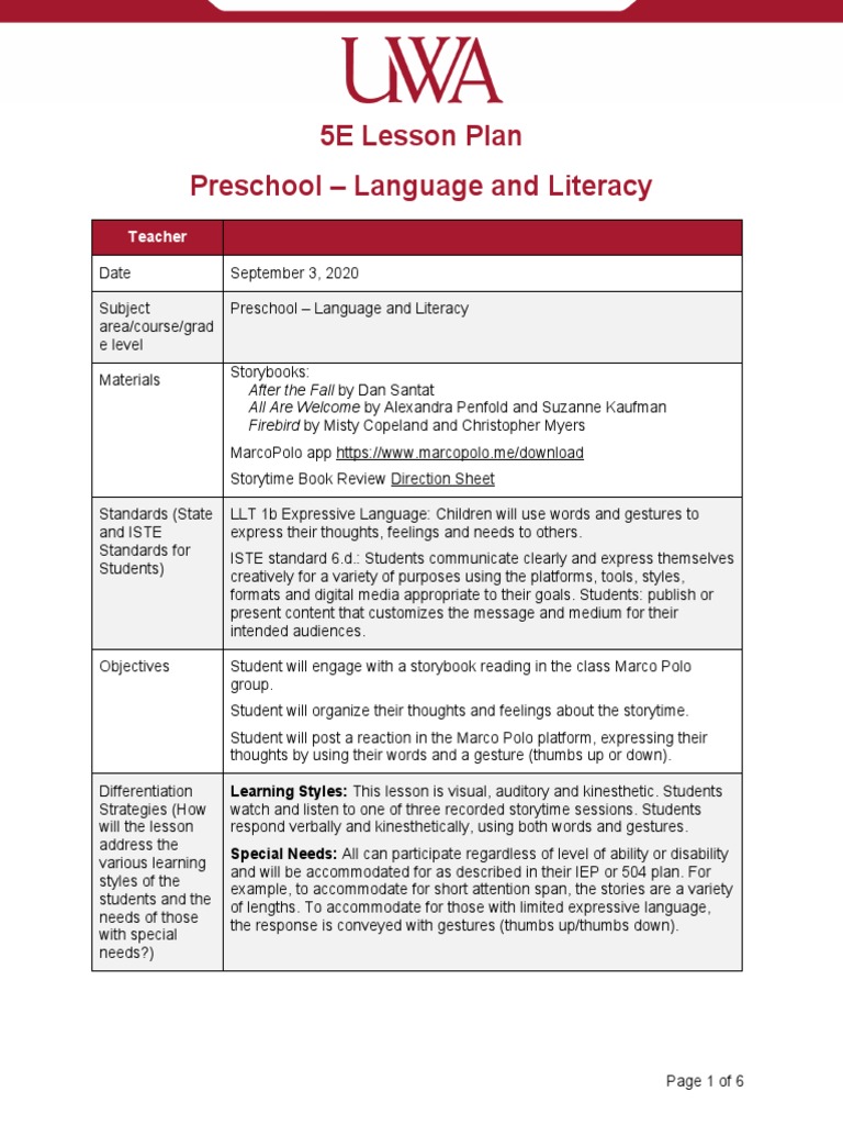 Ed508-5e-Lesson-Plan-Language and Literacy | PDF | Gesture | Books