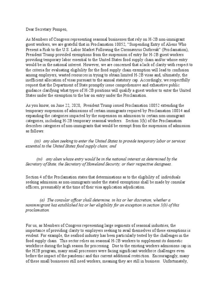Letter To State Dept Re H-2B Visas | PDF | Travel Visa | Employment