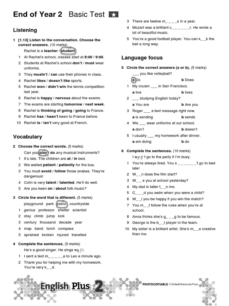 End of Year 2 Basic Test: Listening | Download Free PDF | Test ...