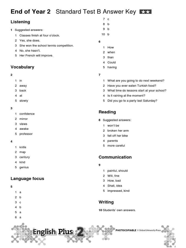 Year 2 Test B Answer Key | PDF