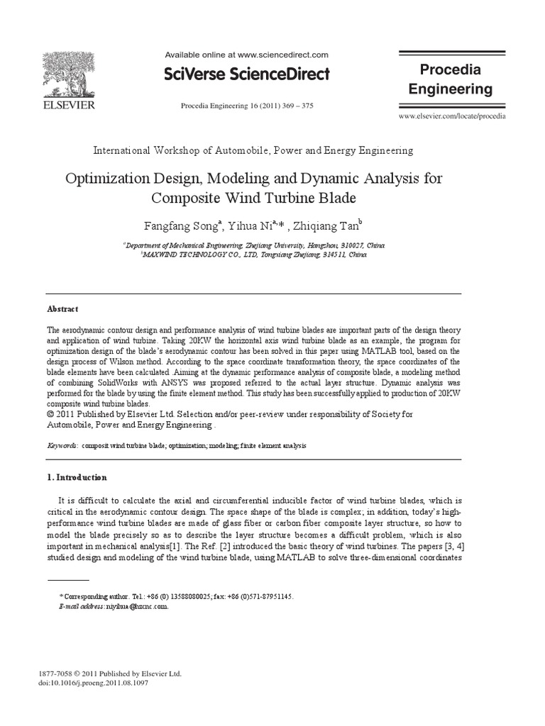 Optimization Design Modeling And Dynamic Analysis For Composite Wind Turbine Blade Pdf Wind