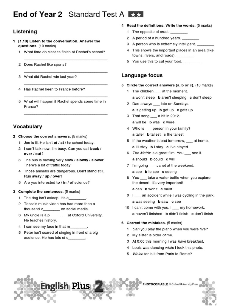 End of Year 2 Standard Test A: Listening | PDF | Vocabulary