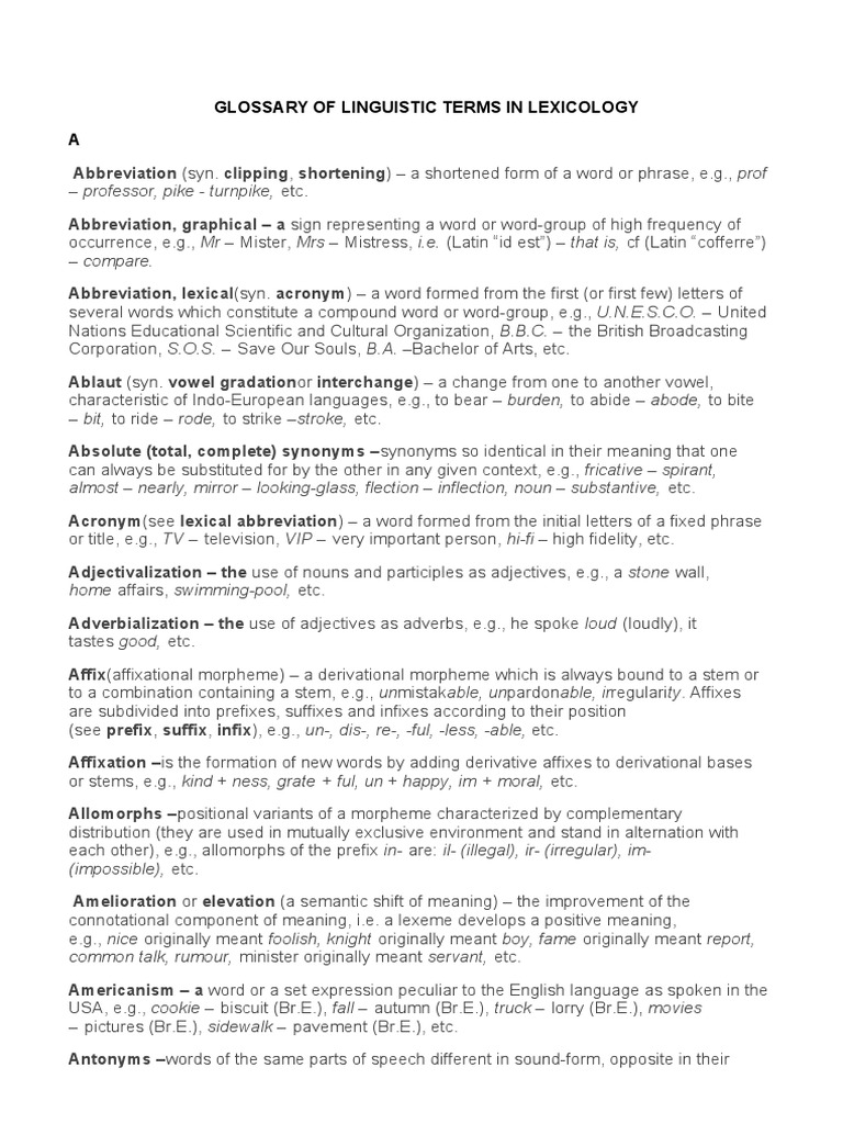 Glossary of Linguistic Terms in Lexicology | PDF | Word | Morphology ...