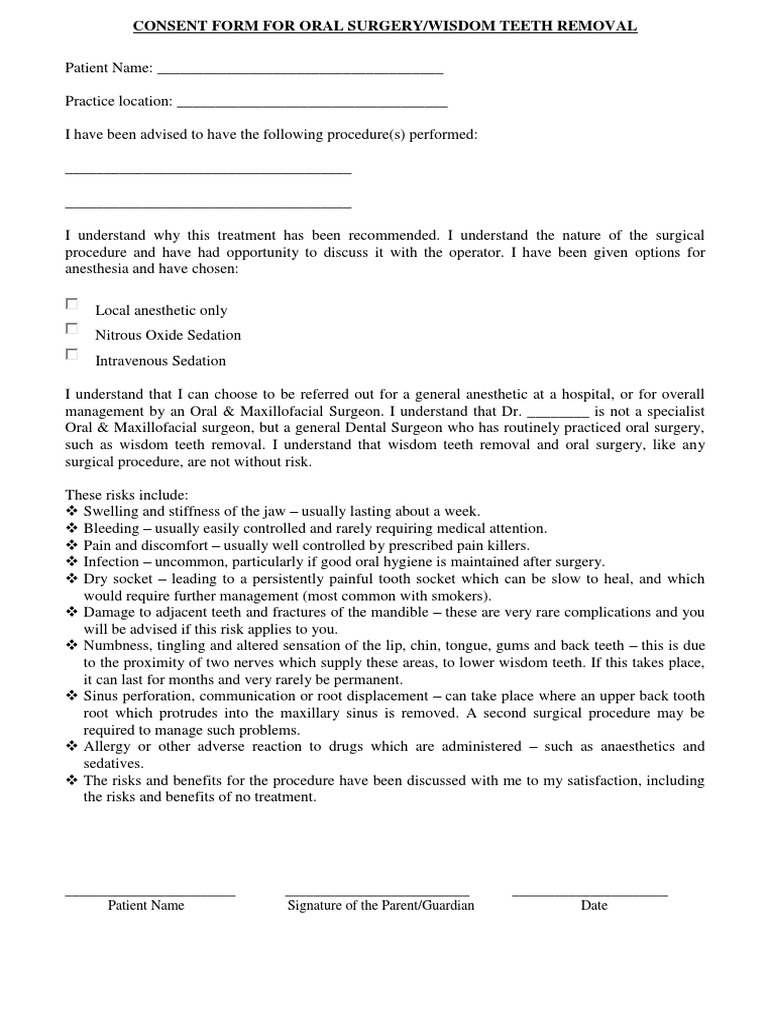 Consent Form For Oral SurgeryWisdom Teeth Removal | PDF | Surgery ...