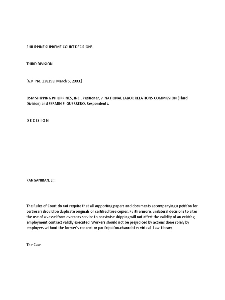 Osm Shipping VS NLRC Full | Download Free PDF | Certiorari | Judgment (Law)
