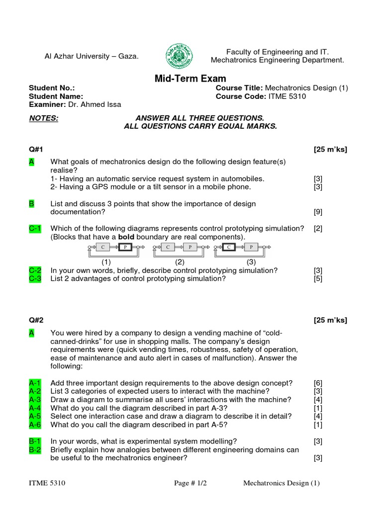 Mechatronics Design 1 Mid Term Exam 2010-2011 PDF | PDF | Systems ...