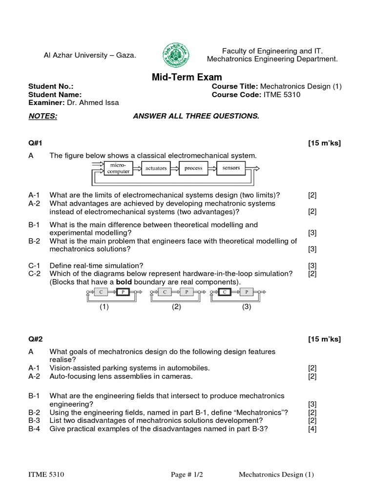 Mechatronics Mid-Term Exam ITME 5310 | PDF | Mechatronics | Engineering