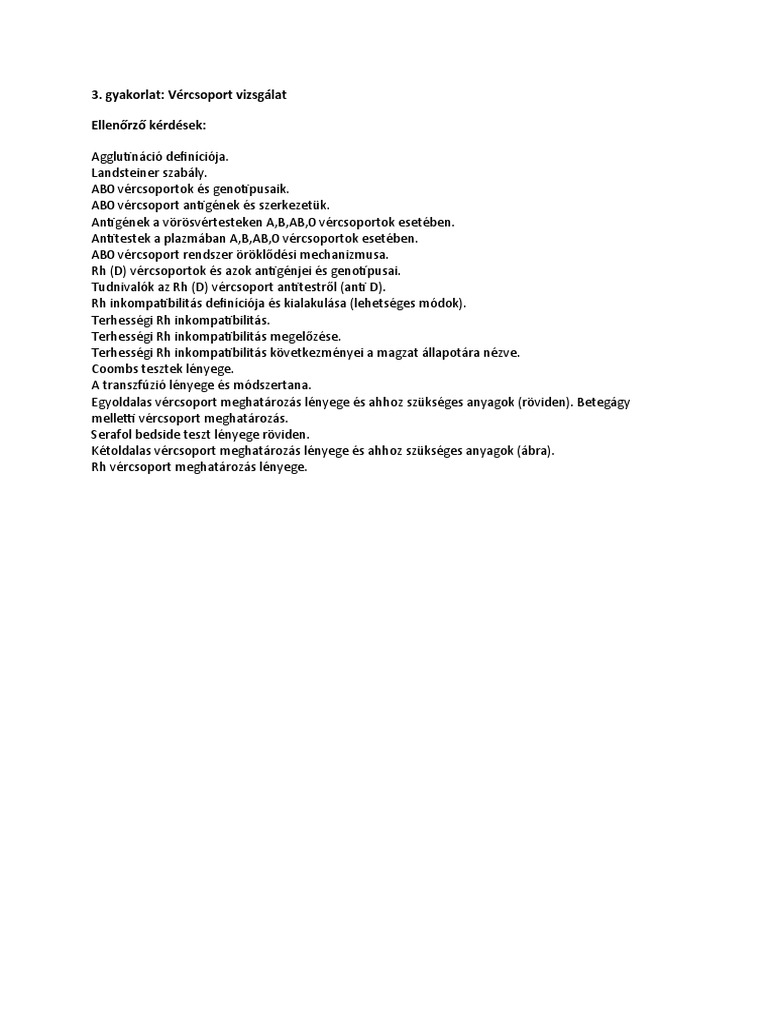 Gyakorlat: Vércsoport Vizsgálat Ellenőrző Kérdések | PDF