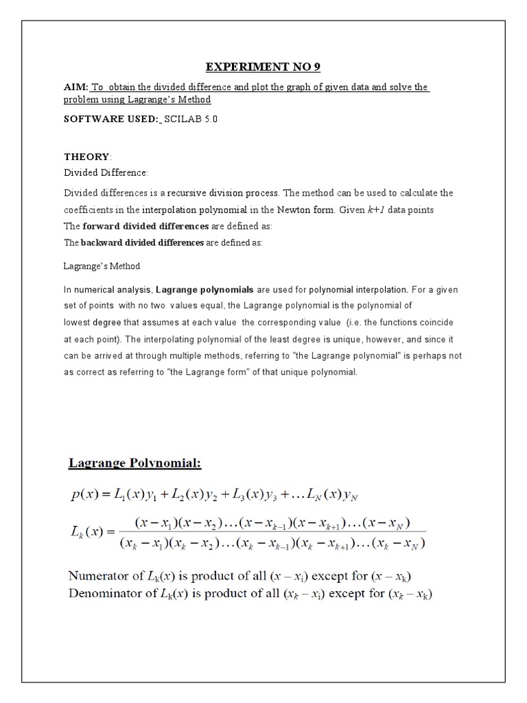 Experiment No 9: Problem Using Lagrange's Method | PDF | Polynomial | Mathematical Analysis