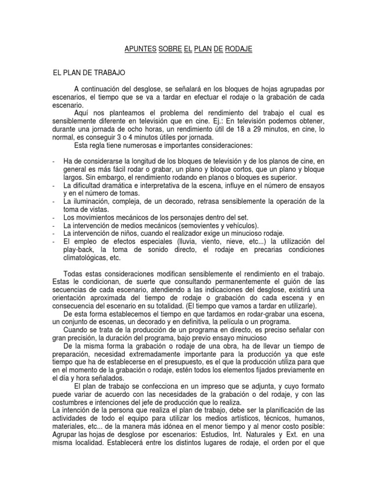Apuntes Plan de Rodaje PDF | PDF | Teatro | Calendario