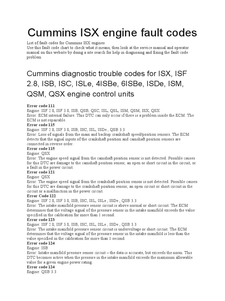 Cummins ISX Engine Fault Codes | PDF | Throttle | Turbocharger