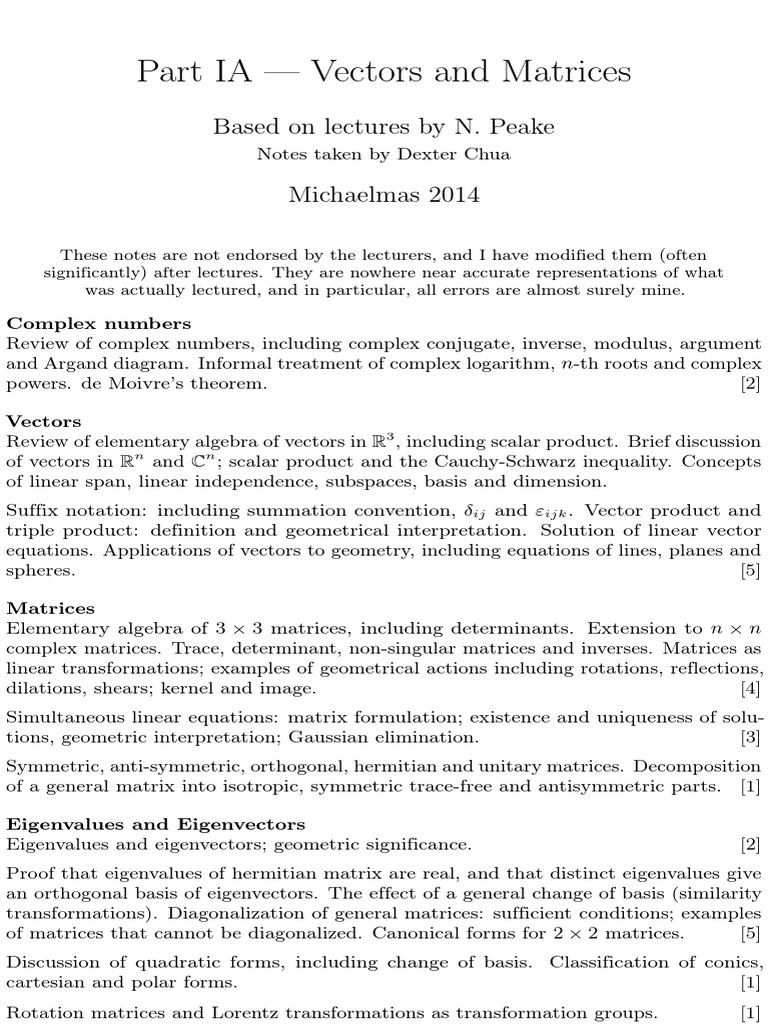 Part IA - Vectors and Matrices: Based On Lectures by N. Peake | PDF | Matrix (Mathematics ...