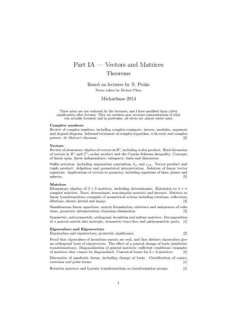 Part IA - Vectors and Matrices: Theorems | PDF | Eigenvalues And ...