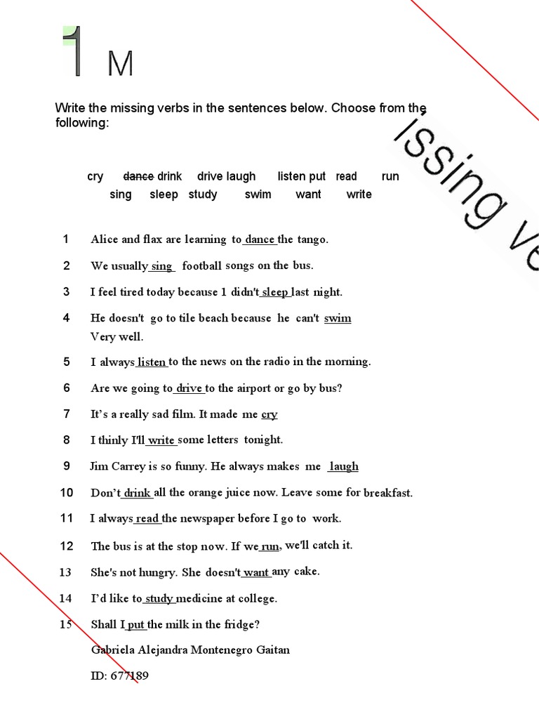 Vocabulary Activity - Missing Verbs | PDF