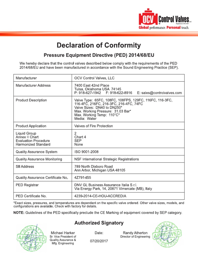 PED Declaration of Conformity FIRE MARKET 2 | PDF