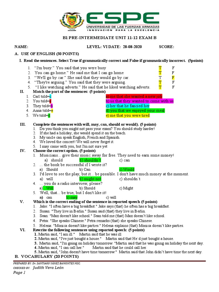 B1 Pre-Intermediate Unit 11-12 Exam B: Judith Vera León | PDF ...